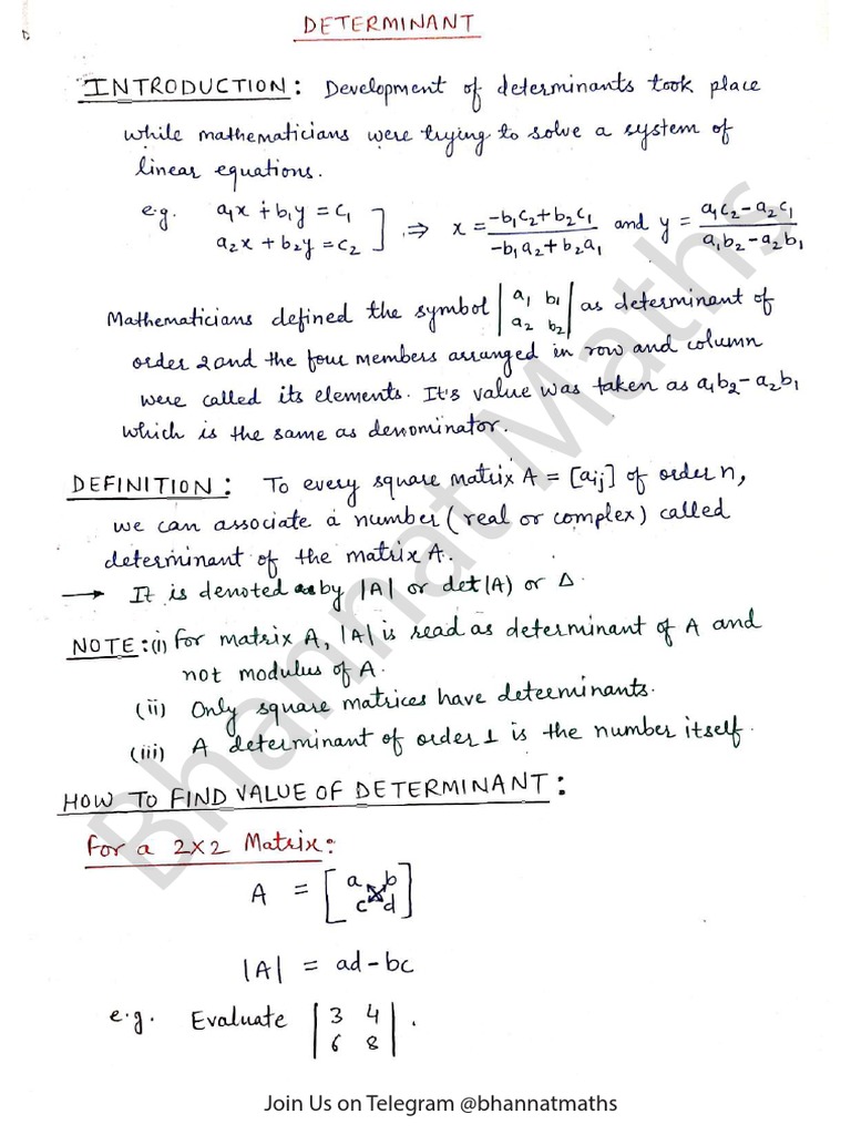 Determinants Short Notes Bhannat Maths Aman Sir Compressed | PDF
