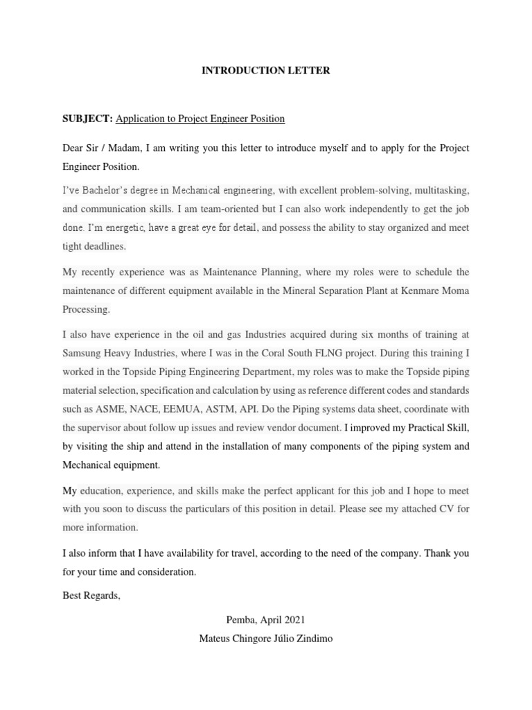 Introduction Letter - Mateus Zindimo - Project Engineer Position | PDF