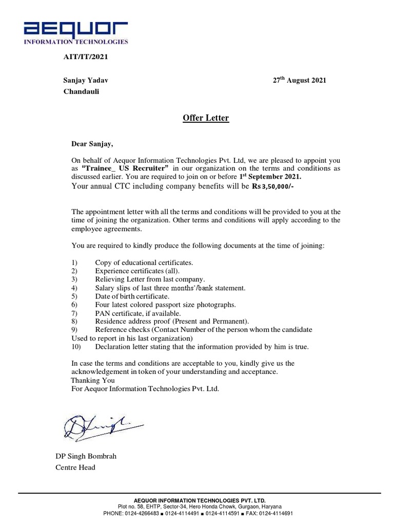 Sanjay Yadav - 1offer Letter | PDF | Economies | Payments