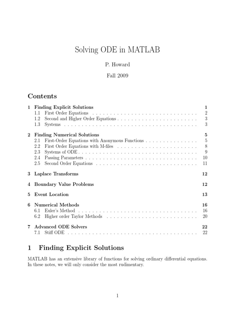 Solving ODE in MATLAB: P. Howard Fall 2009 | PDF | Teaching Methods & Materials | Computers