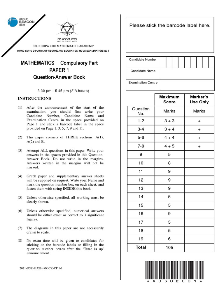 MATHEMATICS Compulsory Part Paper 1 Question-Answer Book: Please Stick ...