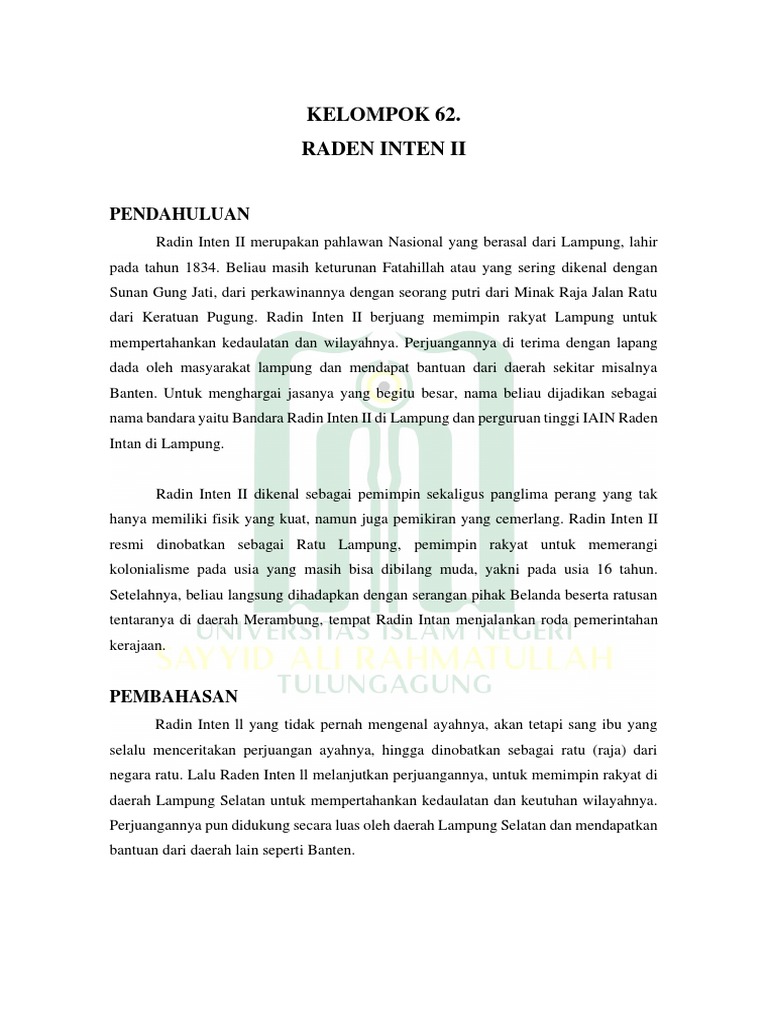 Radin Inten II: Pahlawan Lampung | PDF | Sejarah