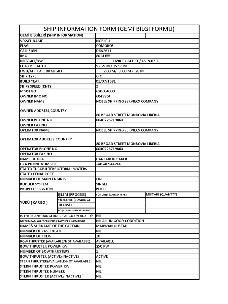 Ship Information Form (Gemi Bilgi Formu) | PDF | Ships | Stern