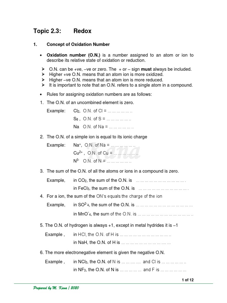 Topic 2.3: Redox: 1. Concept of Oxidation Number | PDF | Redox | Chlorine
