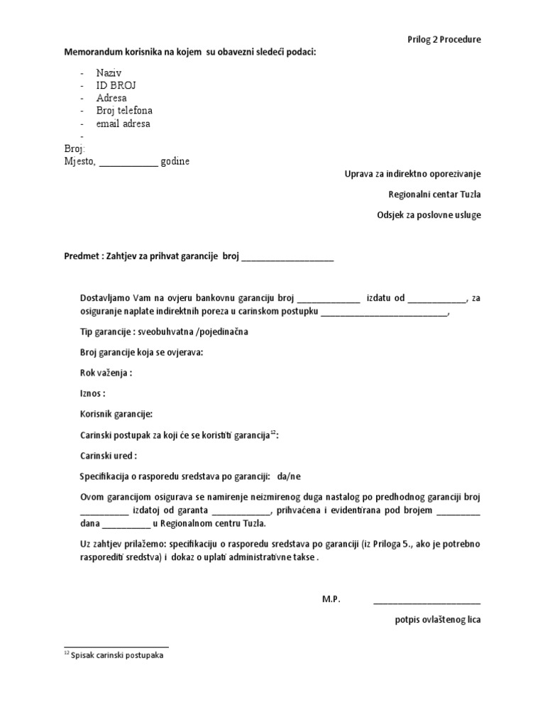 Prilog Broj 2 Zahtjev Za Prihvat | PDF