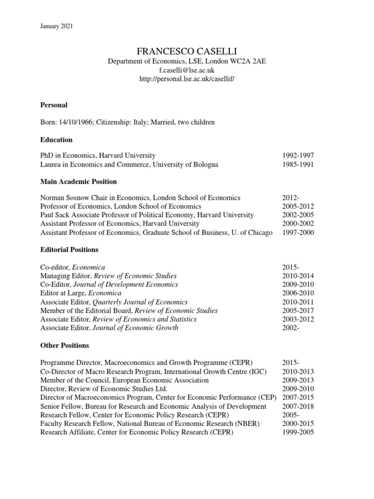 Francesco Caselli: Personal | PDF | Economics | Academia