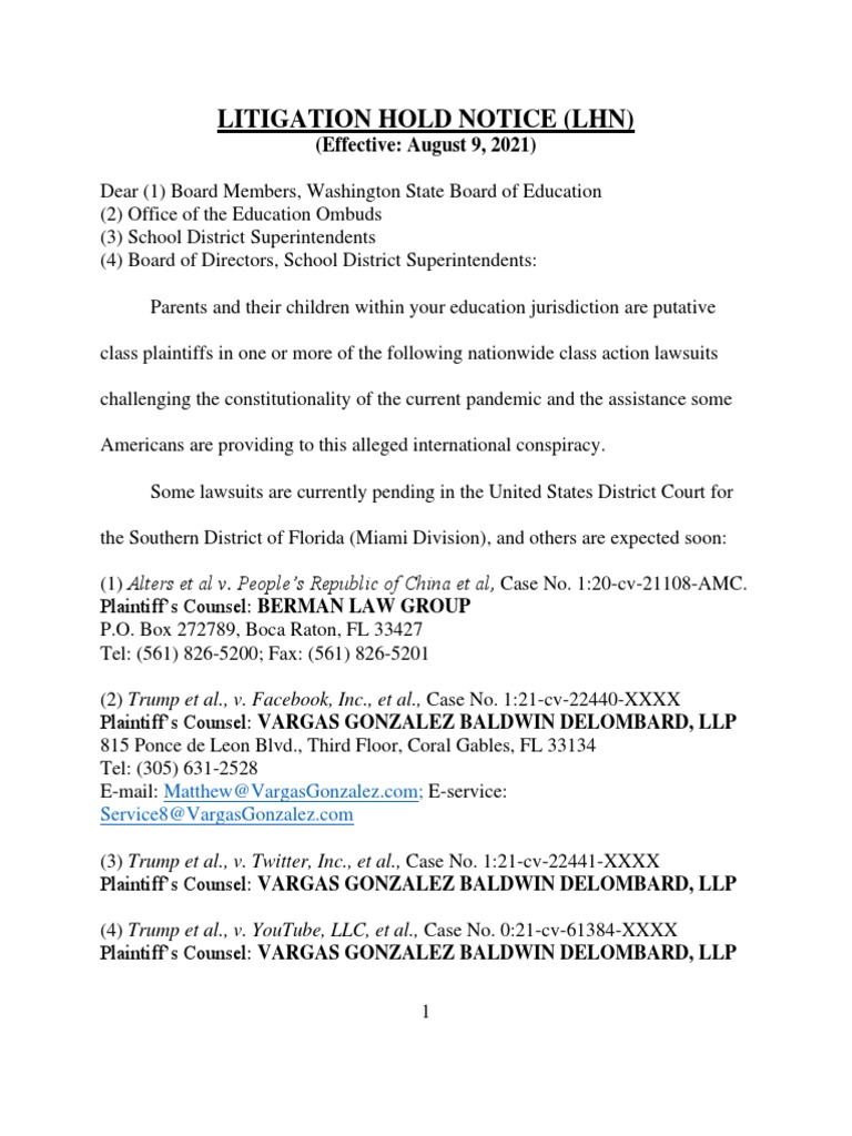 Litigation Hold Notice To Washington State Schools | PDF | Lawsuit ...