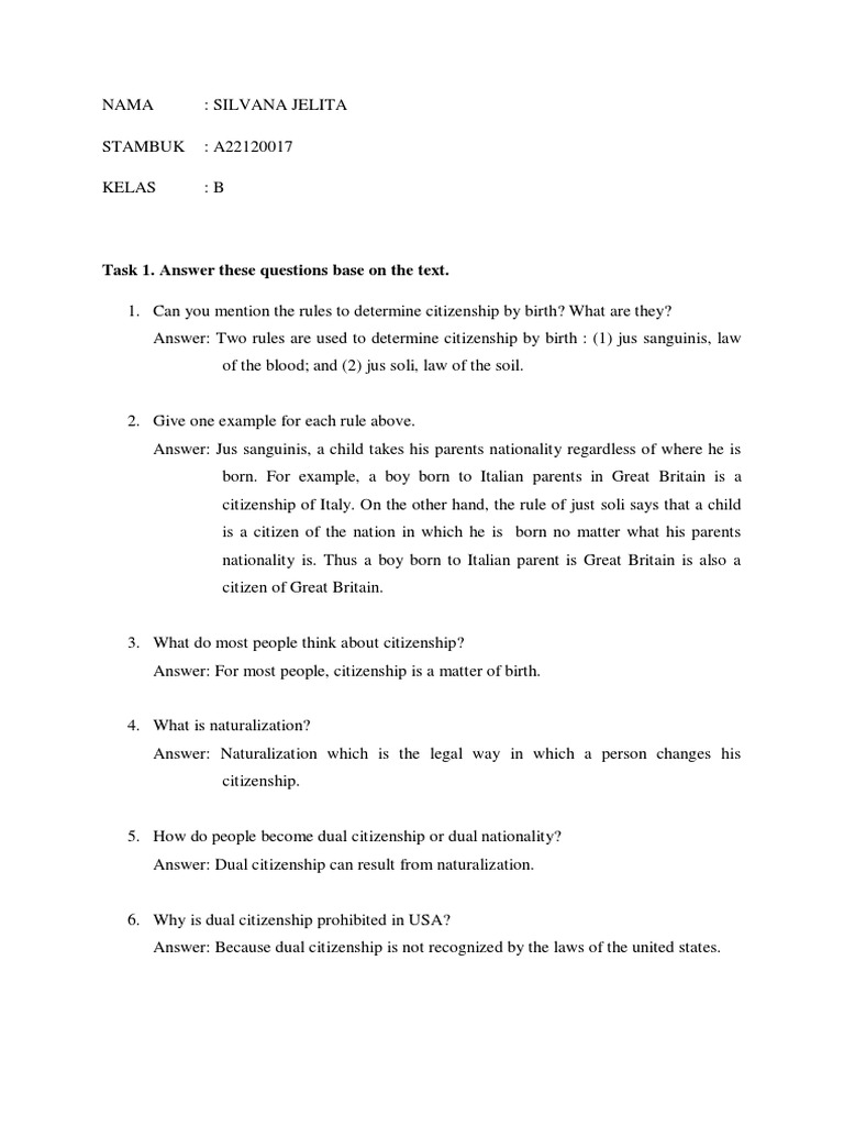 Task 1. Answer These Questions Base On The Text | PDF | Nationality ...