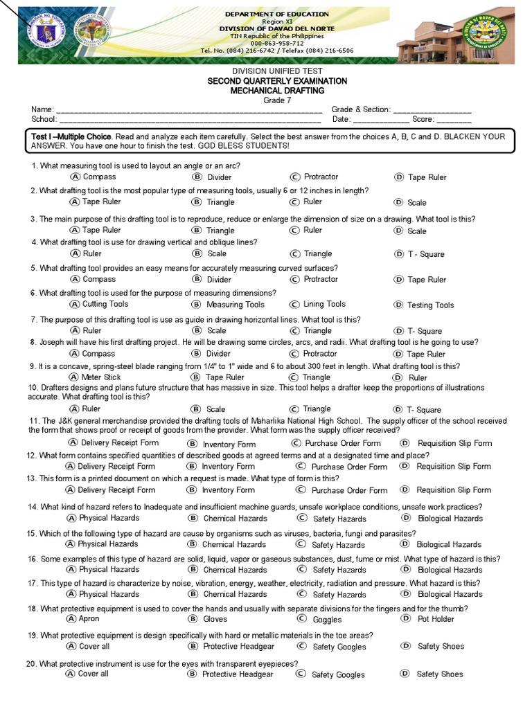 Grade 7 Mechanical Drafting Exam | PDF | Personal Protective Equipment ...