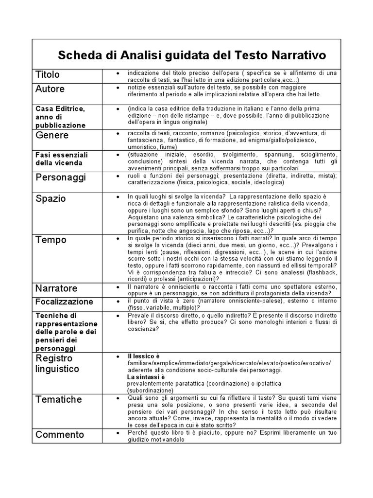 Scheda Di Analisi Del Testo Narrativo 1 | PDF