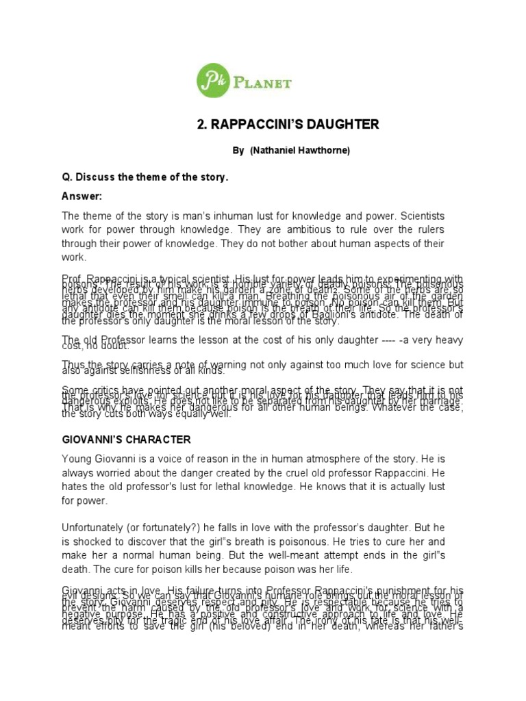 Rappaccini'S Daughter: Q. Discuss The Theme of The Story. Answer | PDF ...