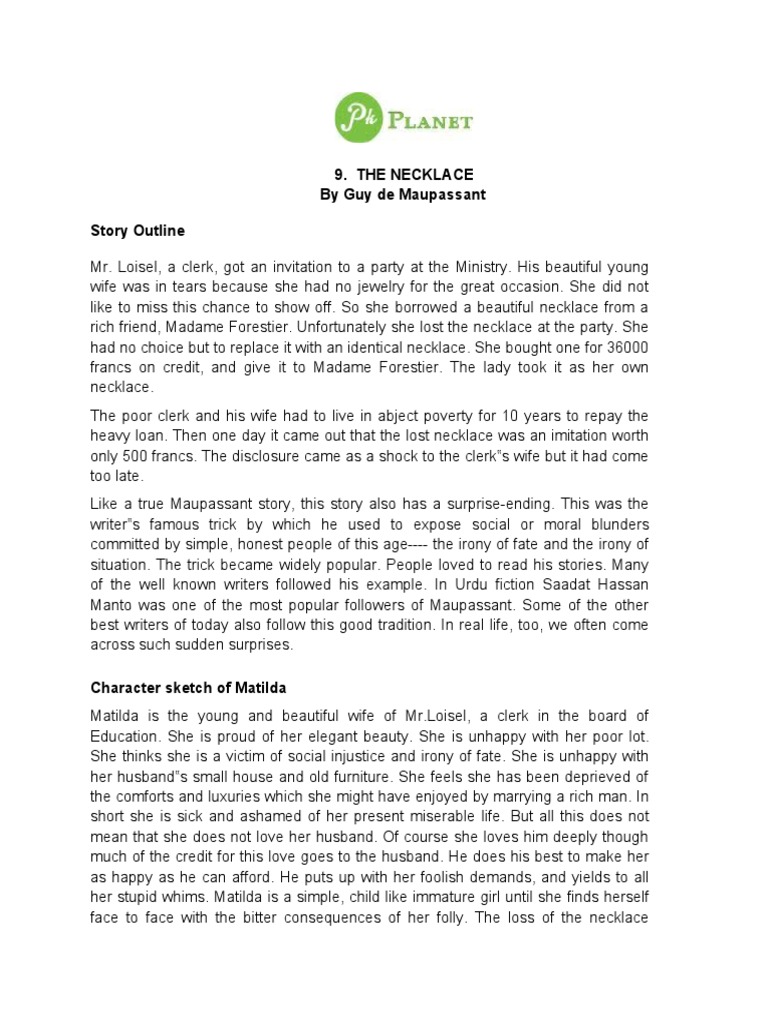 The Necklace by Guy de Maupassant Story Outline | PDF