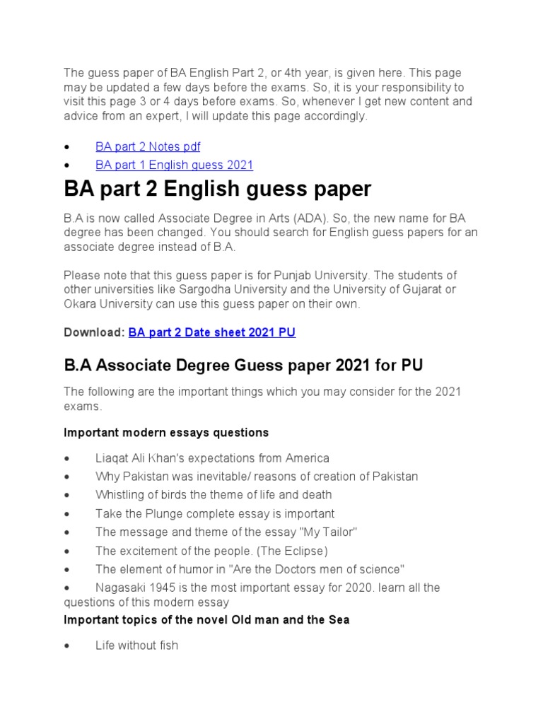 The Guess Paper of BA English Part 2 | PDF