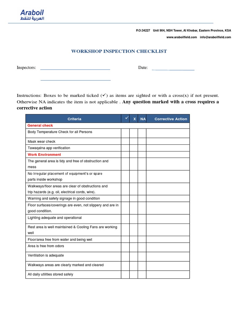 Workshop Inspection Checklist: Corrective Action | PDF | Personal ...