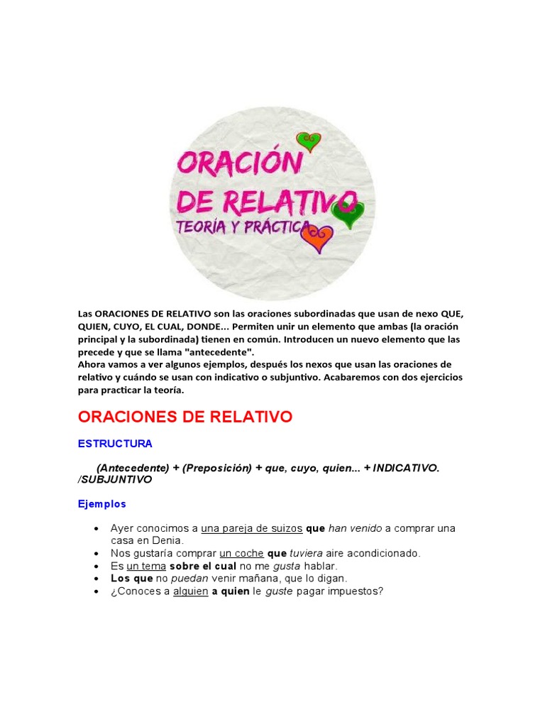 Oraciones de Relativo: Teoría y Ejercicios | PDF | Oración (Lingüística ...