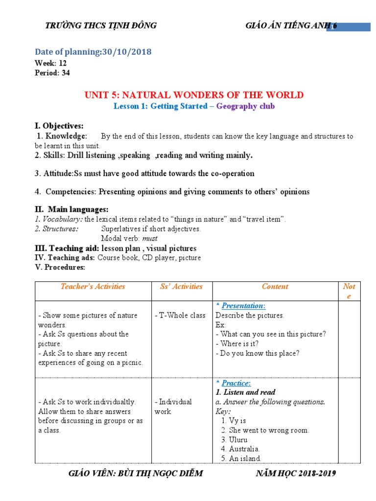 Unit 5: Natural Wonders of The World | PDF | Vocabulary | Lesson Plan