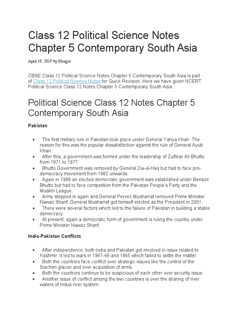 Class 12 Political Science Notes Chapter 5 Contemporary South Asia ...