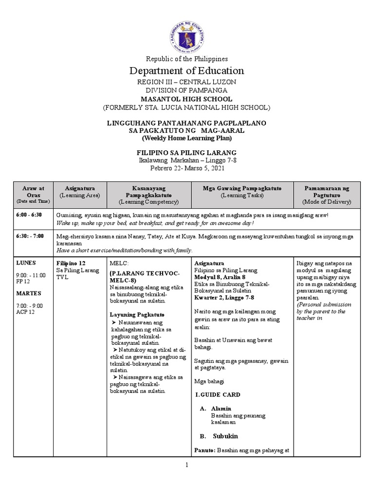 WHLP-Week-4 - 1st SEM - FSPL Grade-12-Filipino | PDF