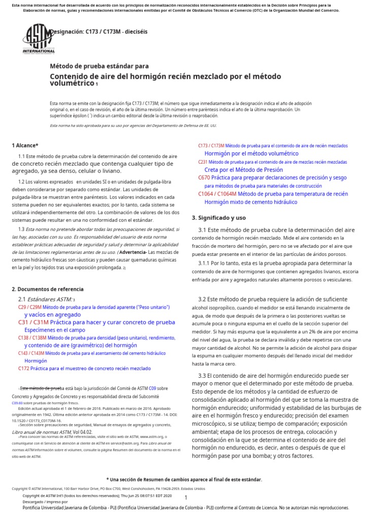 ASTM C173 Contenido de Aire Volumétrico - En.es | PDF | Hormigón | Agua