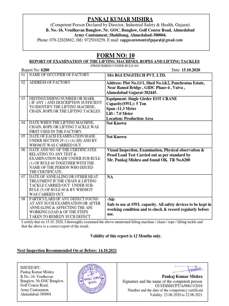 Form 10 For Lifting Tools and Tackles Like Crane Chain Pully Block ...