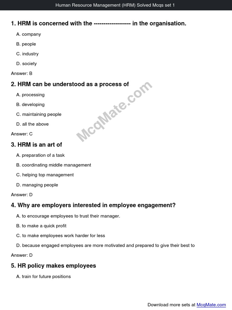 Human Resource Management (HRM) Solved Mcqs Set 1 | PDF | Human ...