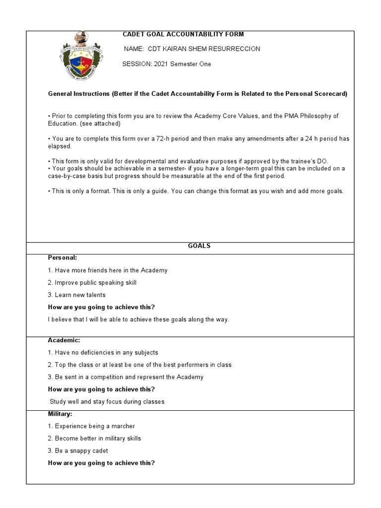 Cadet Goal Accountability Form 2021 | PDF | Career & Growth | Business
