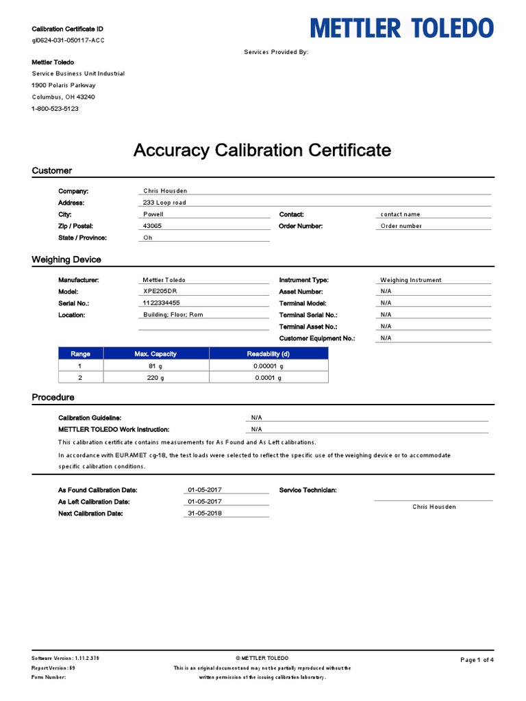 Accuracy Calibration Certificate: Customer | PDF | Calibration ...