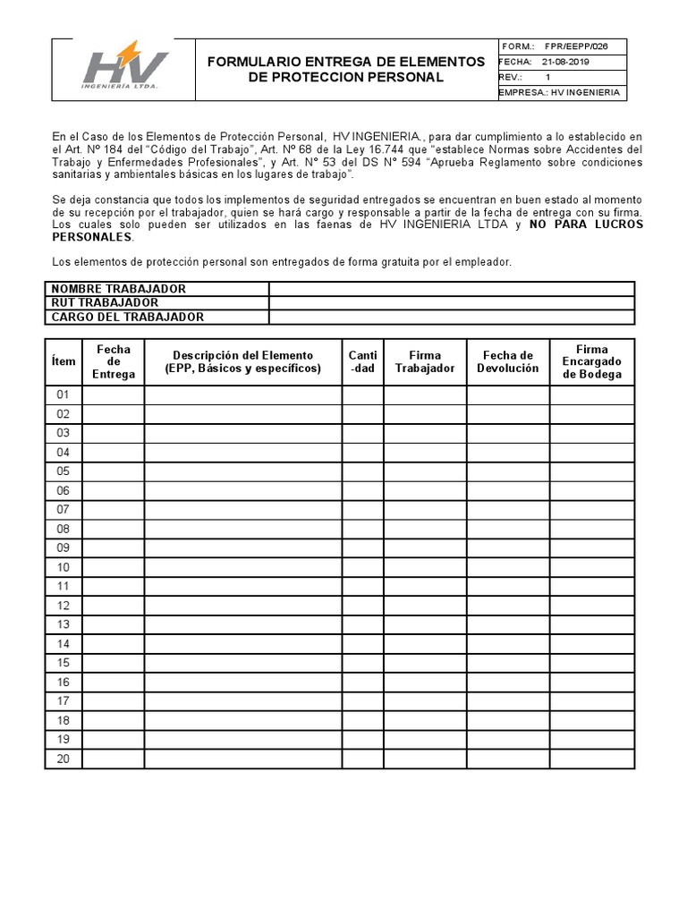 26FPR-EEPP-026 Entrega EPP Individual | PDF