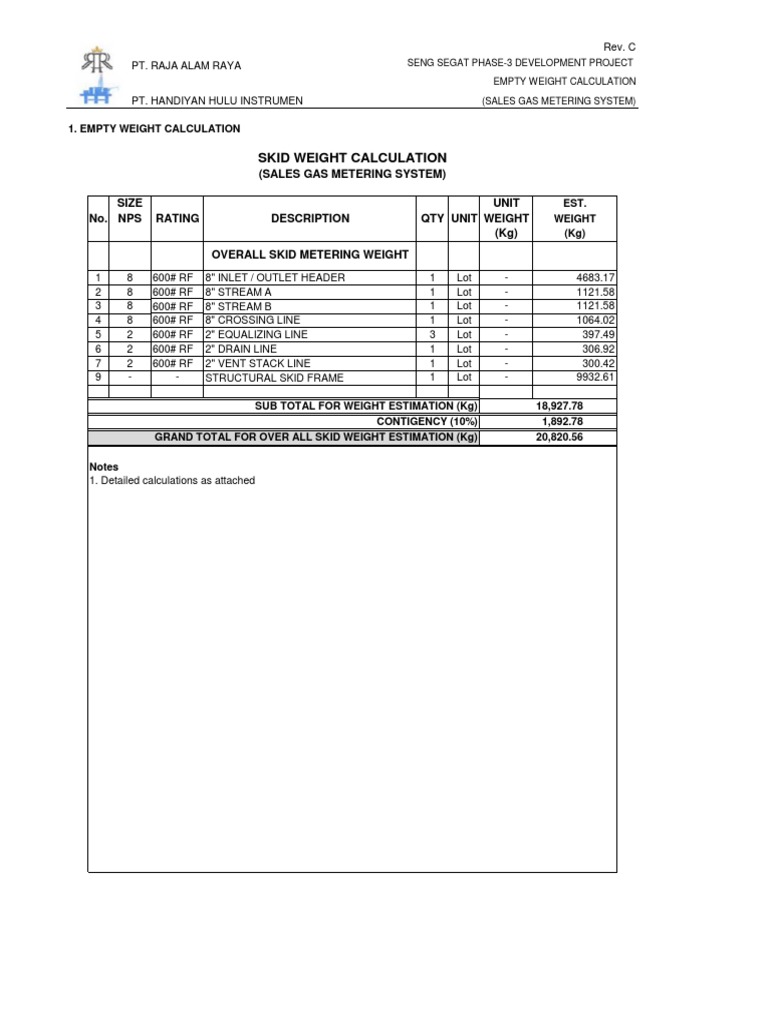 Skid Weight Calculation HHI-RAR-SD-SCAL-004. REV.C | PDF | Pipe (Fluid ...