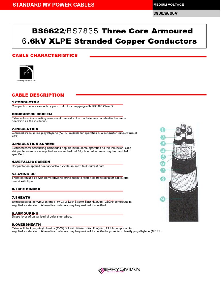 BS6622/BS7835 Three Core Armoured 6.6kV XLPE Stranded Copper Conductors ...