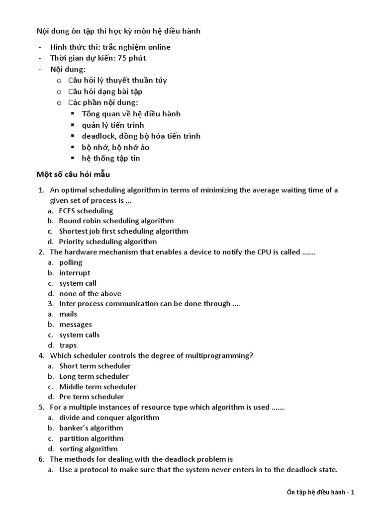Review for Operating System Midterm Exam: Multiple Choice and Example ...