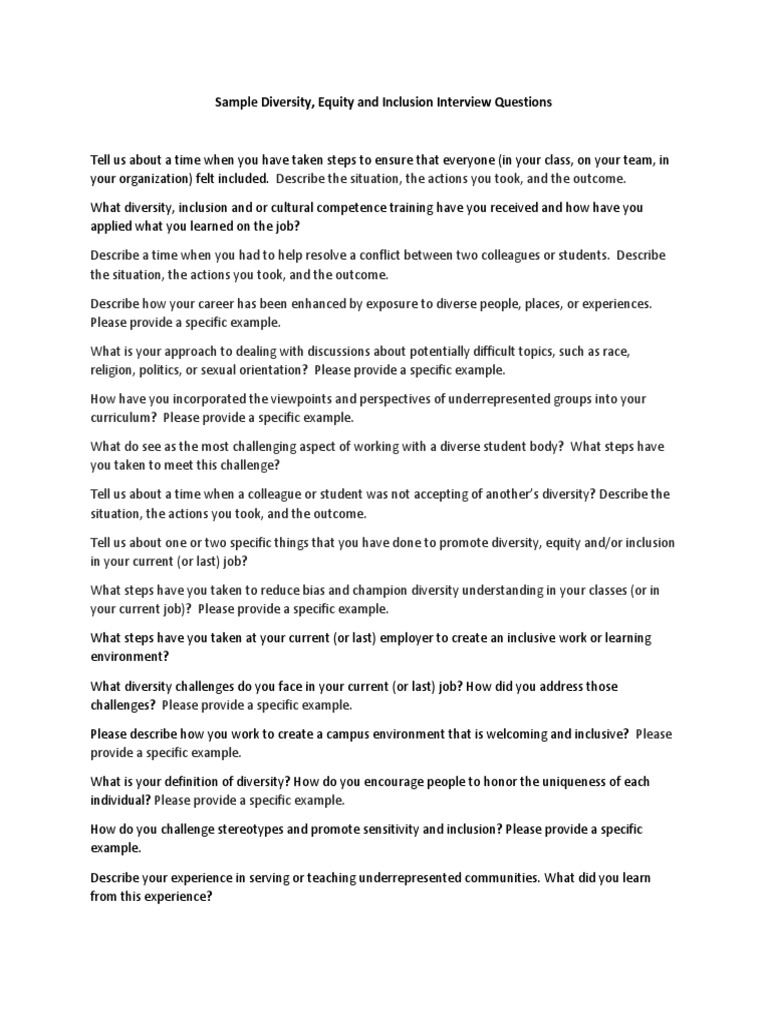 Sample Diversity, Equity and Inclusion Interview Questions | PDF ...