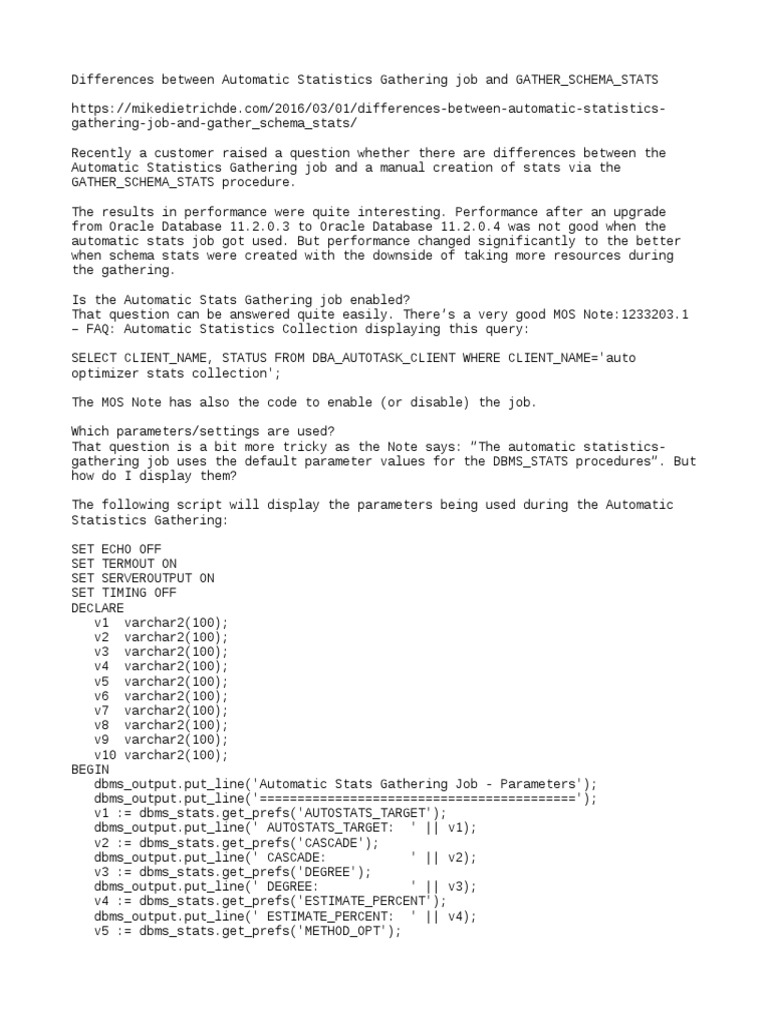 Differences Between Automatic Statistics Gathering Job and Gather ...