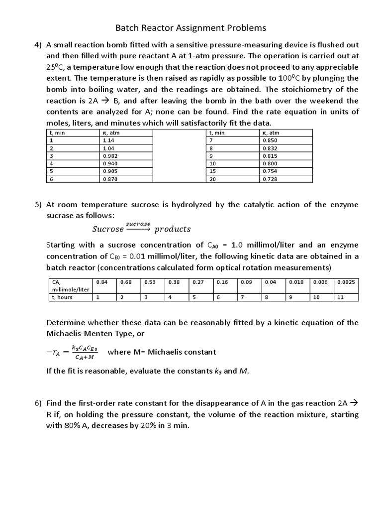 Batch Reactor Assignment Problems 4-6 | PDF | Chemical Reactor ...