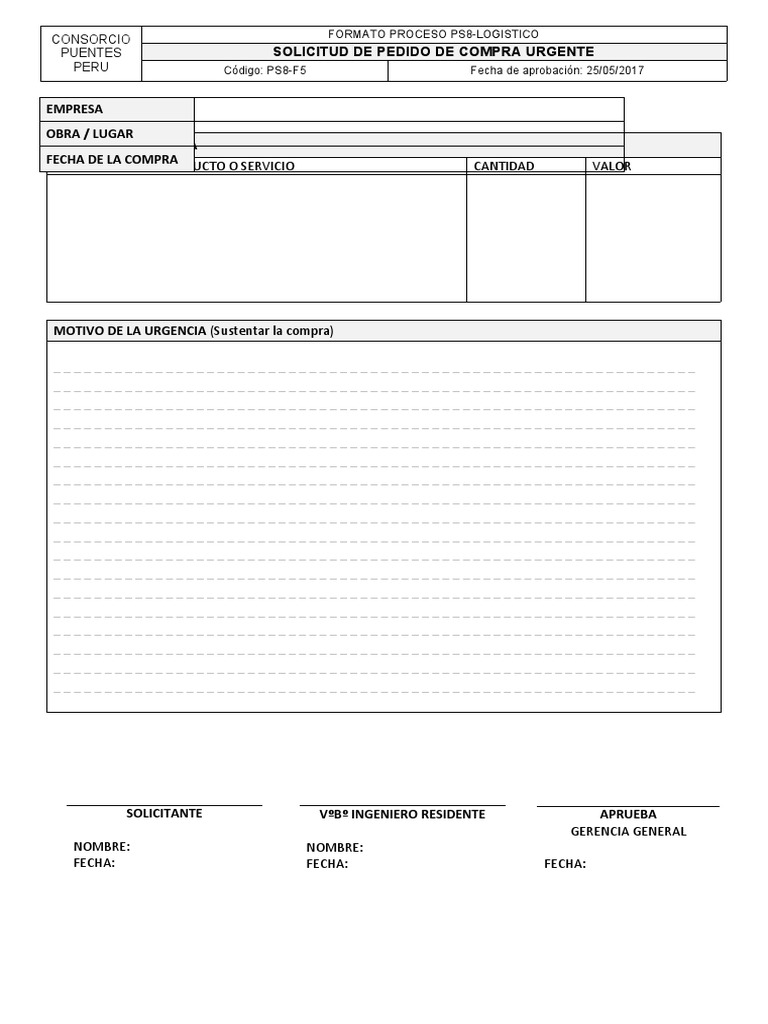 PS8-F5 Solicitud de Pedido de Compra Urgente CPP | PDF | Finanzas y dinero