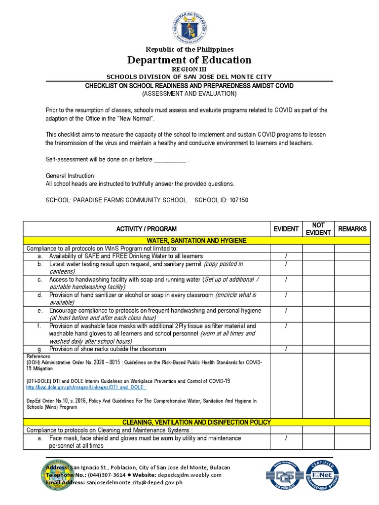 Checklist On School Readiness and Preparedness Amidst Covid 1 | PDF ...