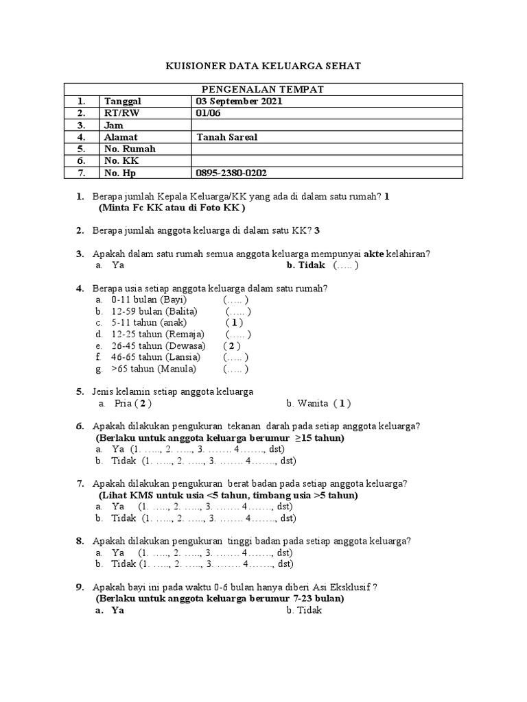 Kuisioner Data Keluarga Sehat (ISI) | PDF