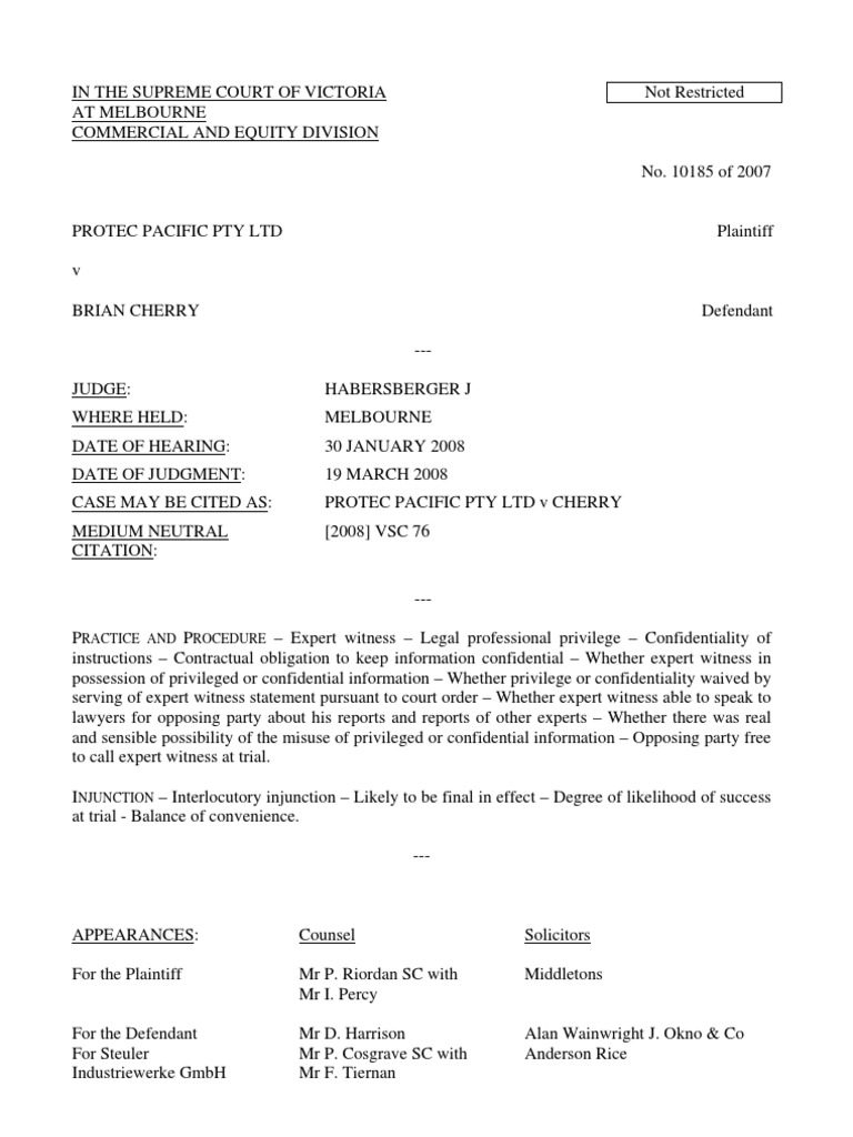 Protec Pacific Pty LTD V Brian Cherry (2008) VSC 76 | PDF | Confidentiality | Justice