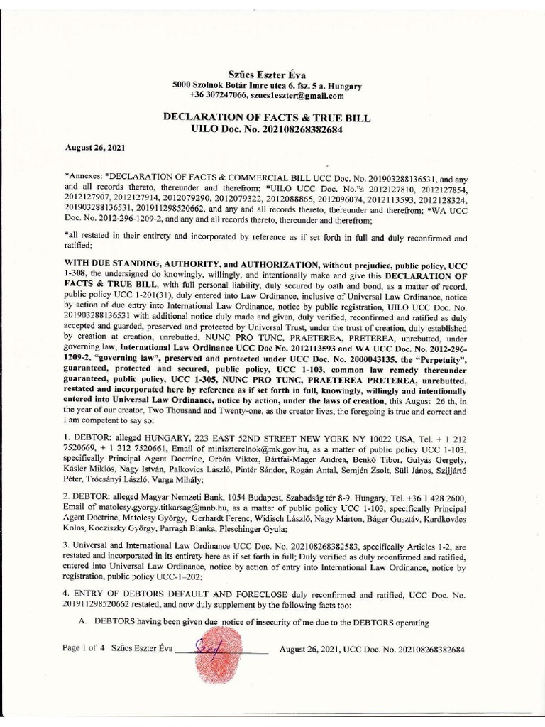 Declaration of Facts & True Bill Uilo Doc. No. 202108268382684 | PDF
