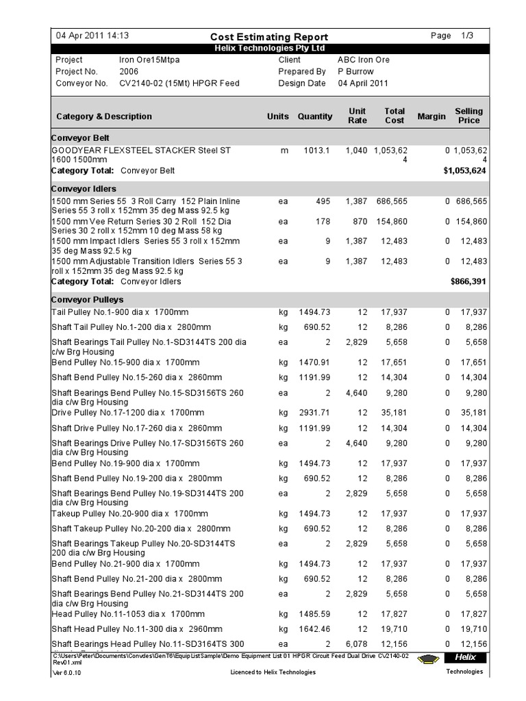 Demo Equipment List Conveyor Cost Report Sample | PDF | Belt ...