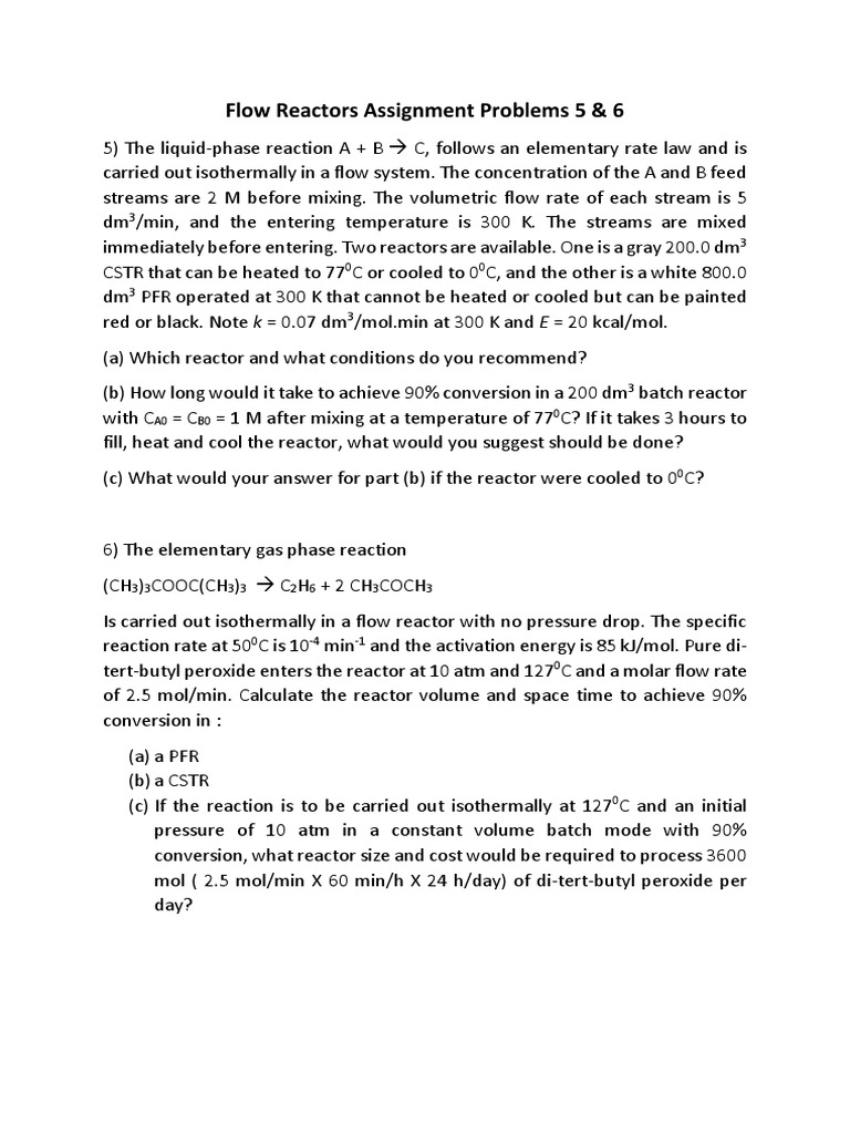 Flow Reactors Assignment Problems 5 6 | PDF
