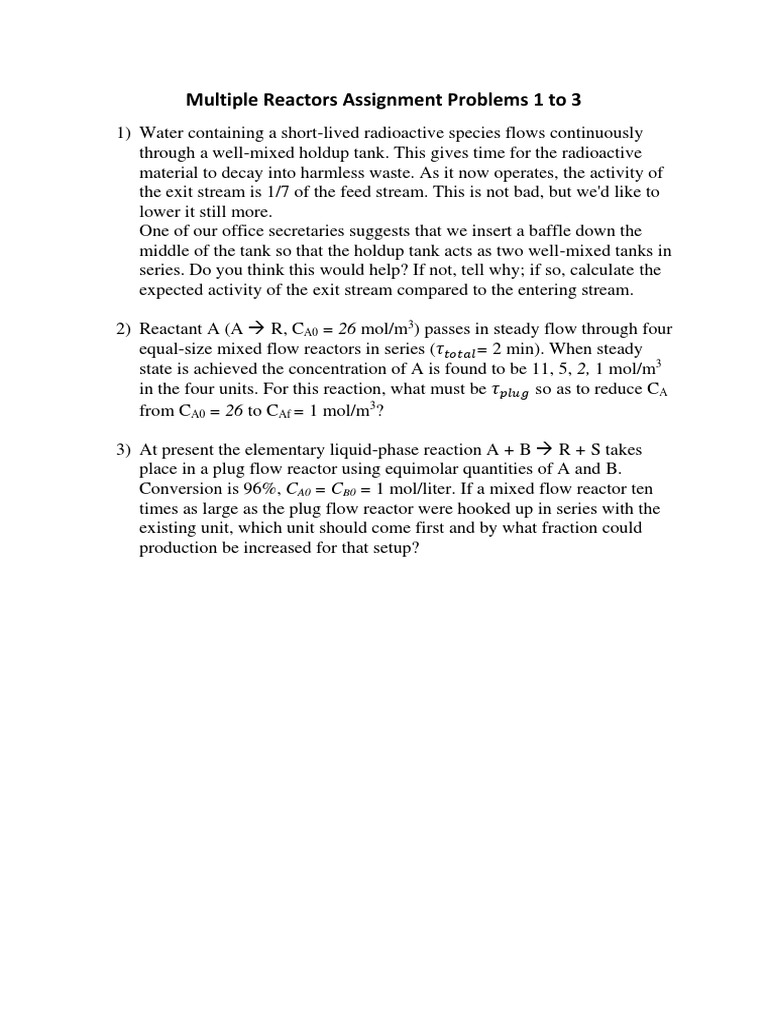 Multiple Reactors Assignment Problems 1 To 3 | PDF