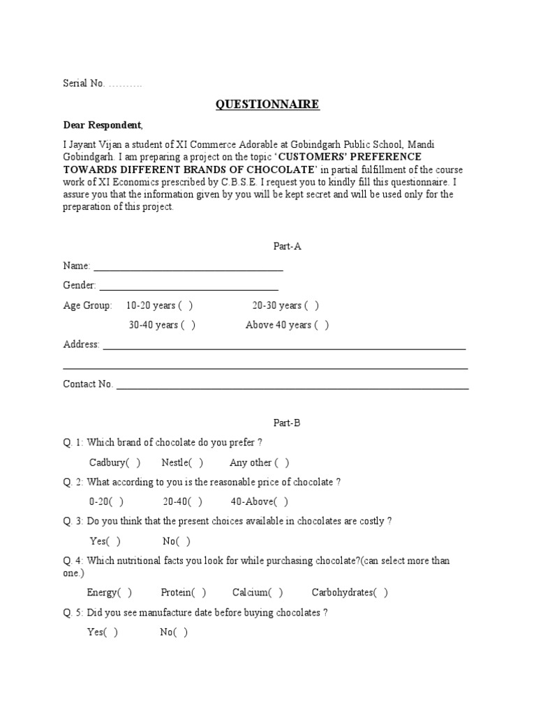 Questionnaire: Dear Respondent | PDF | Brand | Chocolate