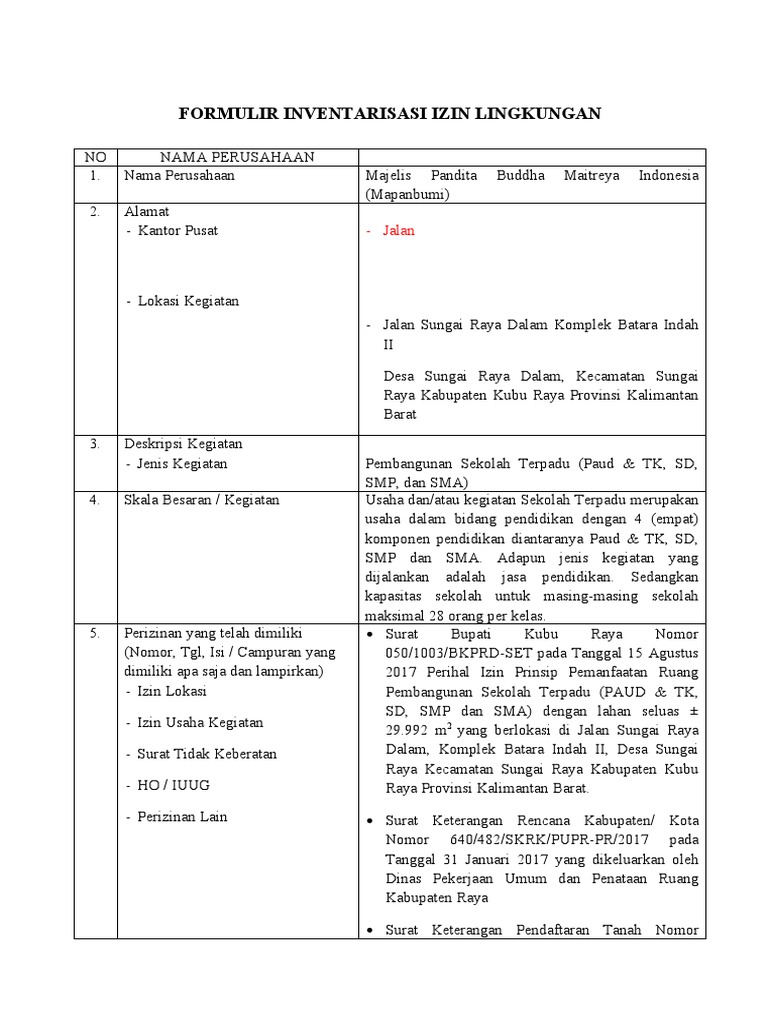 Formulir Inventarisasi Izin Lingkungan | PDF