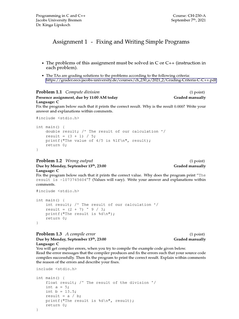 Assignment 1 - Fixing and Writing Simple Programs | Download Free PDF ...