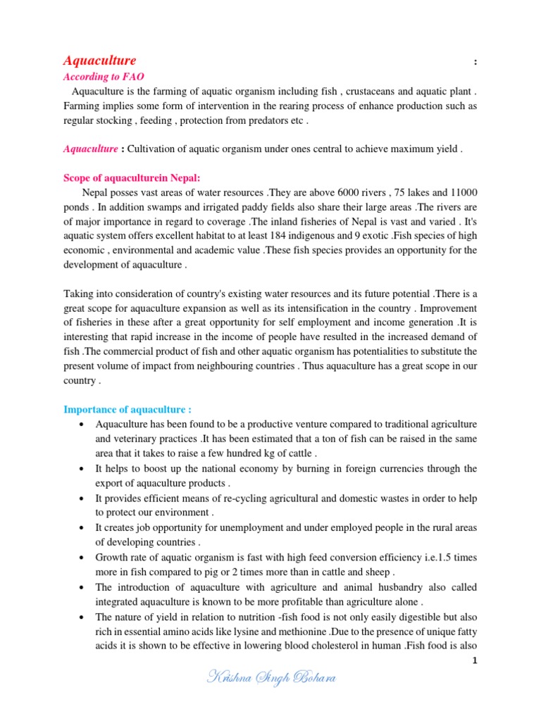 Aquaculture Note For Diploma Level | PDF | Fertilizer | Manure
