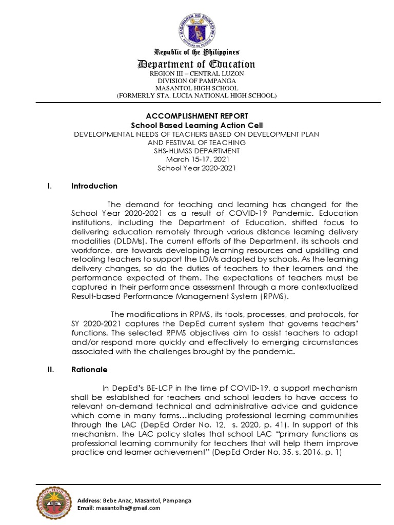 Department of Education: Accomplishment Report School Based Learning ...