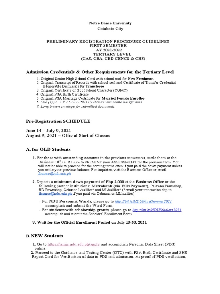 Pre - Registration Procedure Guidelines, 1st Sem 2021-2022 A | PDF | Payments