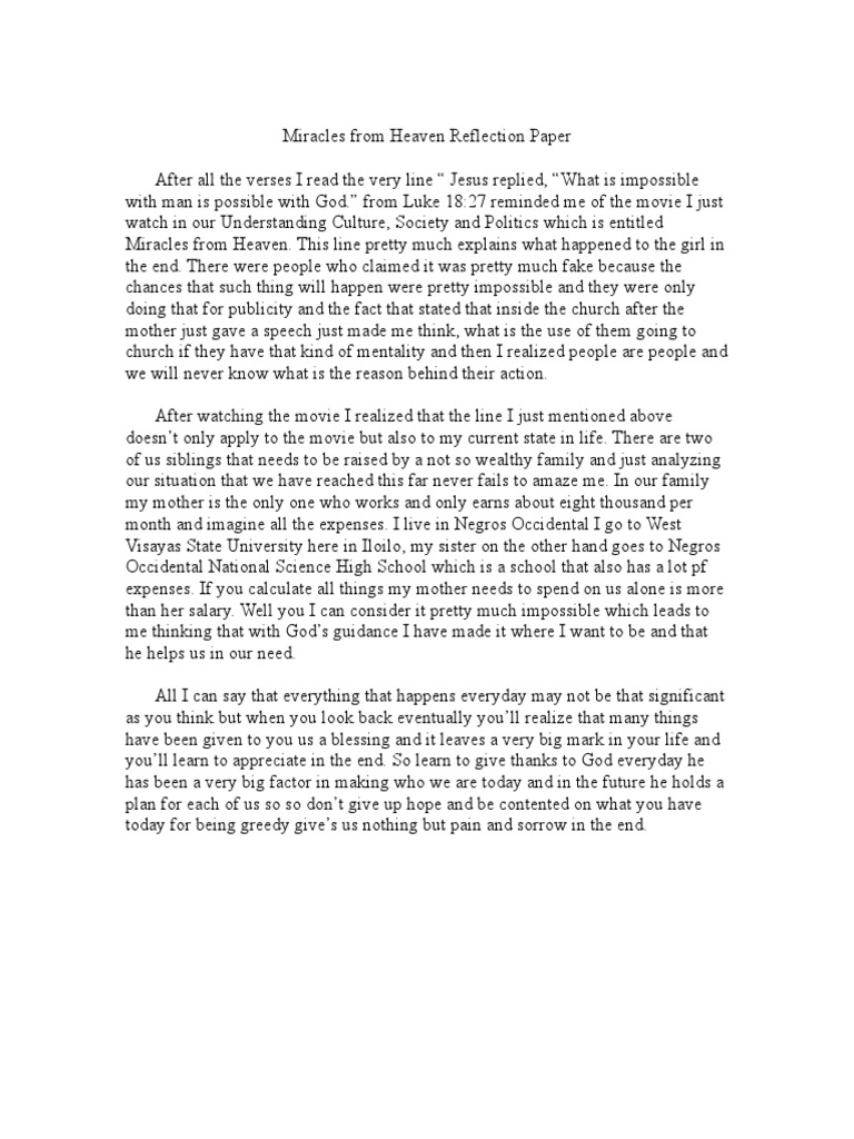 Miracles From Heaven Reflection Paper | PDF