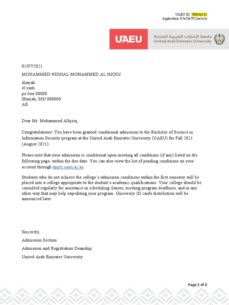 UAEU UG Admission Letter - Condtional (1.0.0) | PDF | University And ...